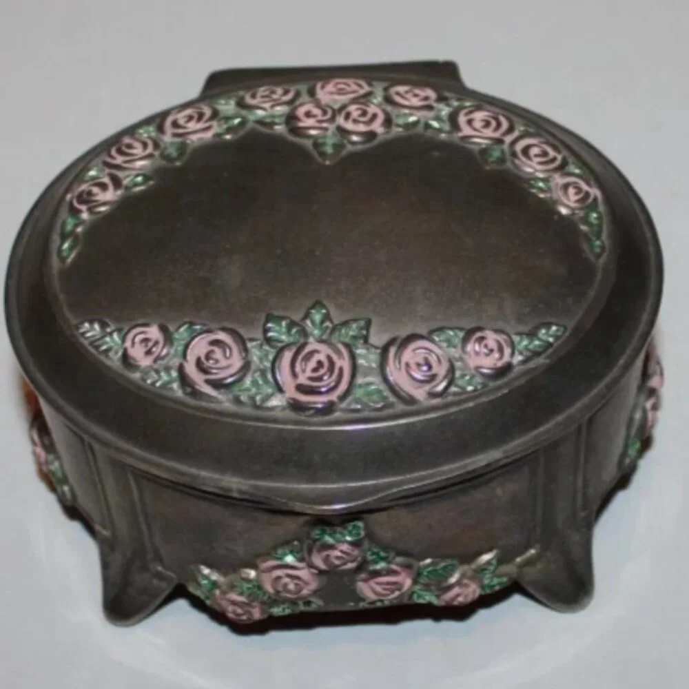 Accents | Vintage Metal Footed Pink Rose Trinket Jewelry Box Red Velvet ...